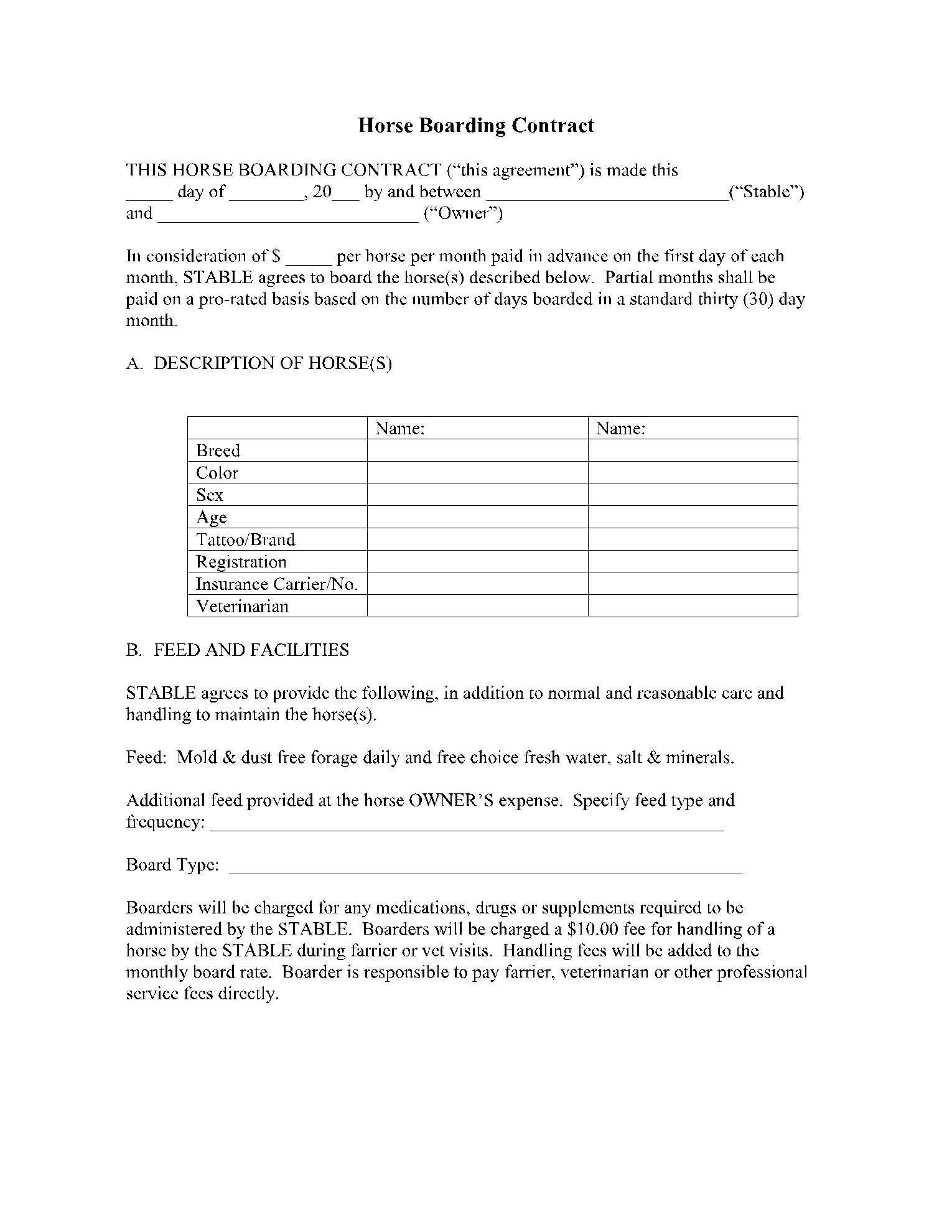 Free Printable Horse Boarding Contract | FREE Printable HQ