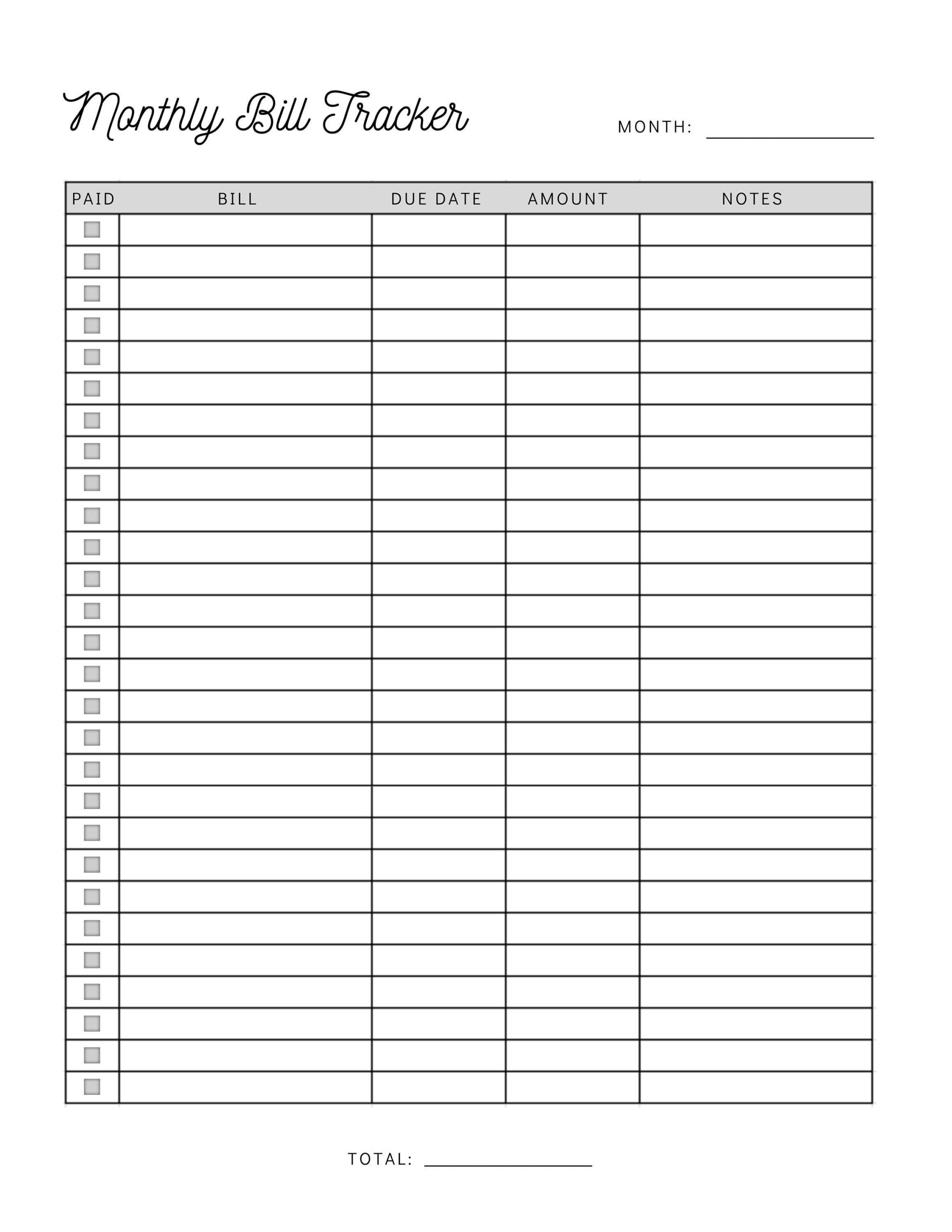 Printable Monthly Bill Tracker Template | FREE Printable HQ